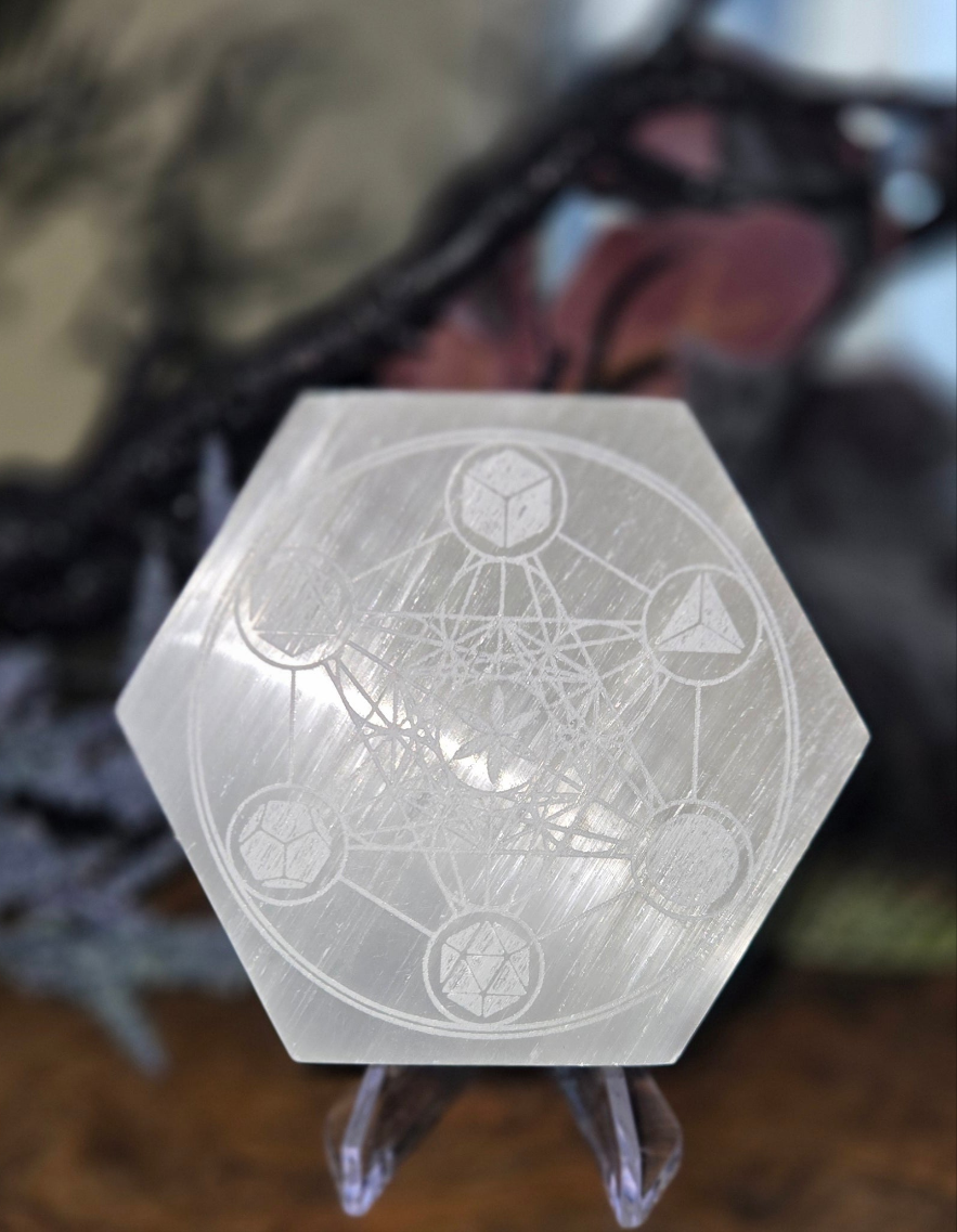 Selenite Sacred Geometry Crystal Grid – 5 Platonic Solid Symbols Grid ...